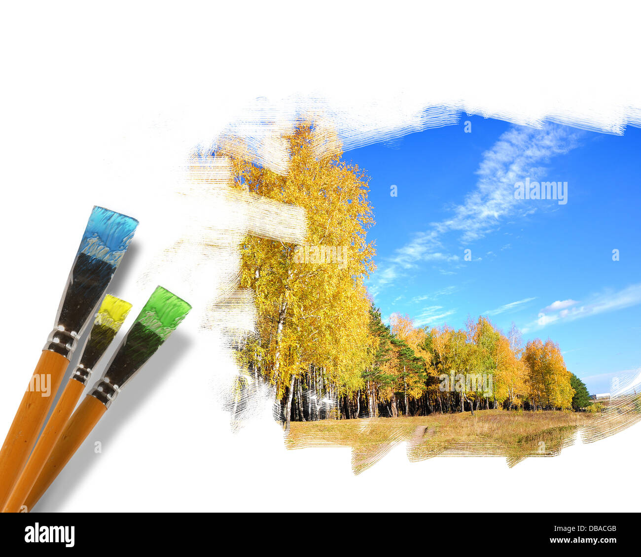 Paint brushes and landscape image Stock Photo - Alamy