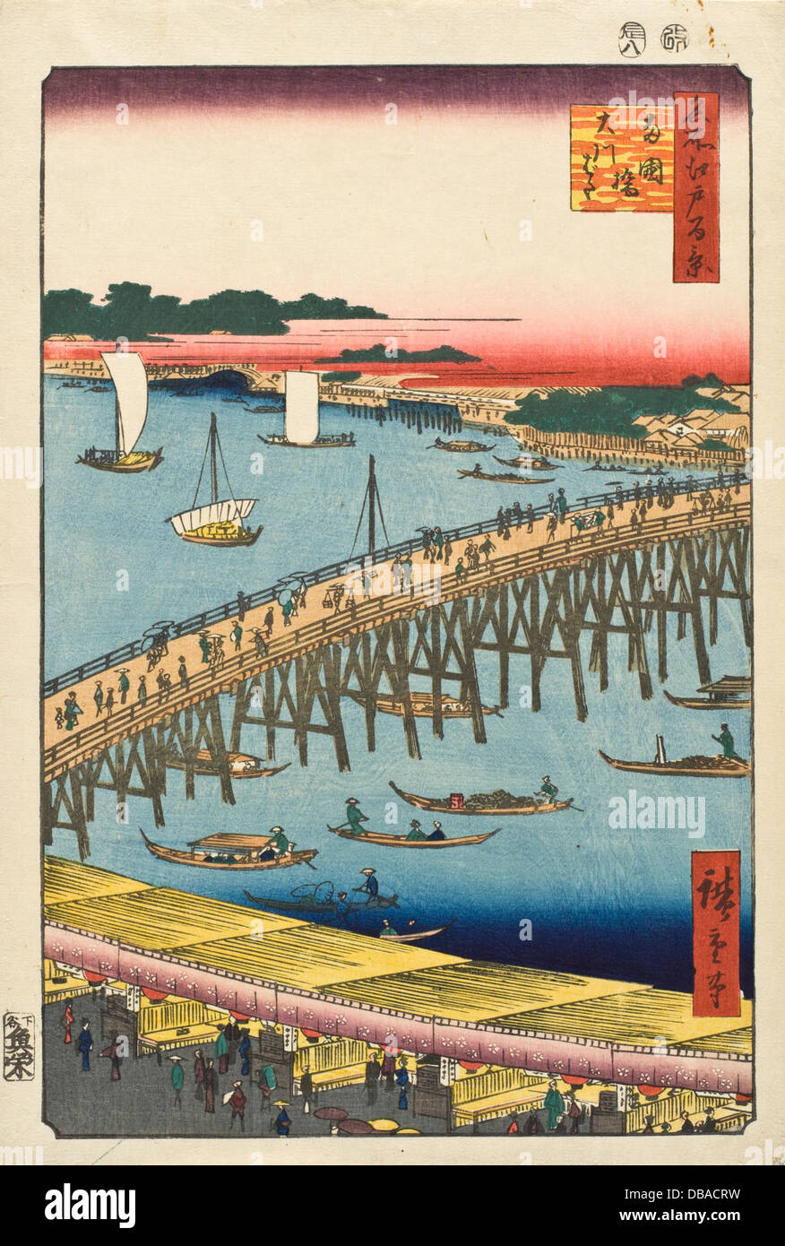 A depiction of Ryogoku Bridge and the great riverbank, representing the ...