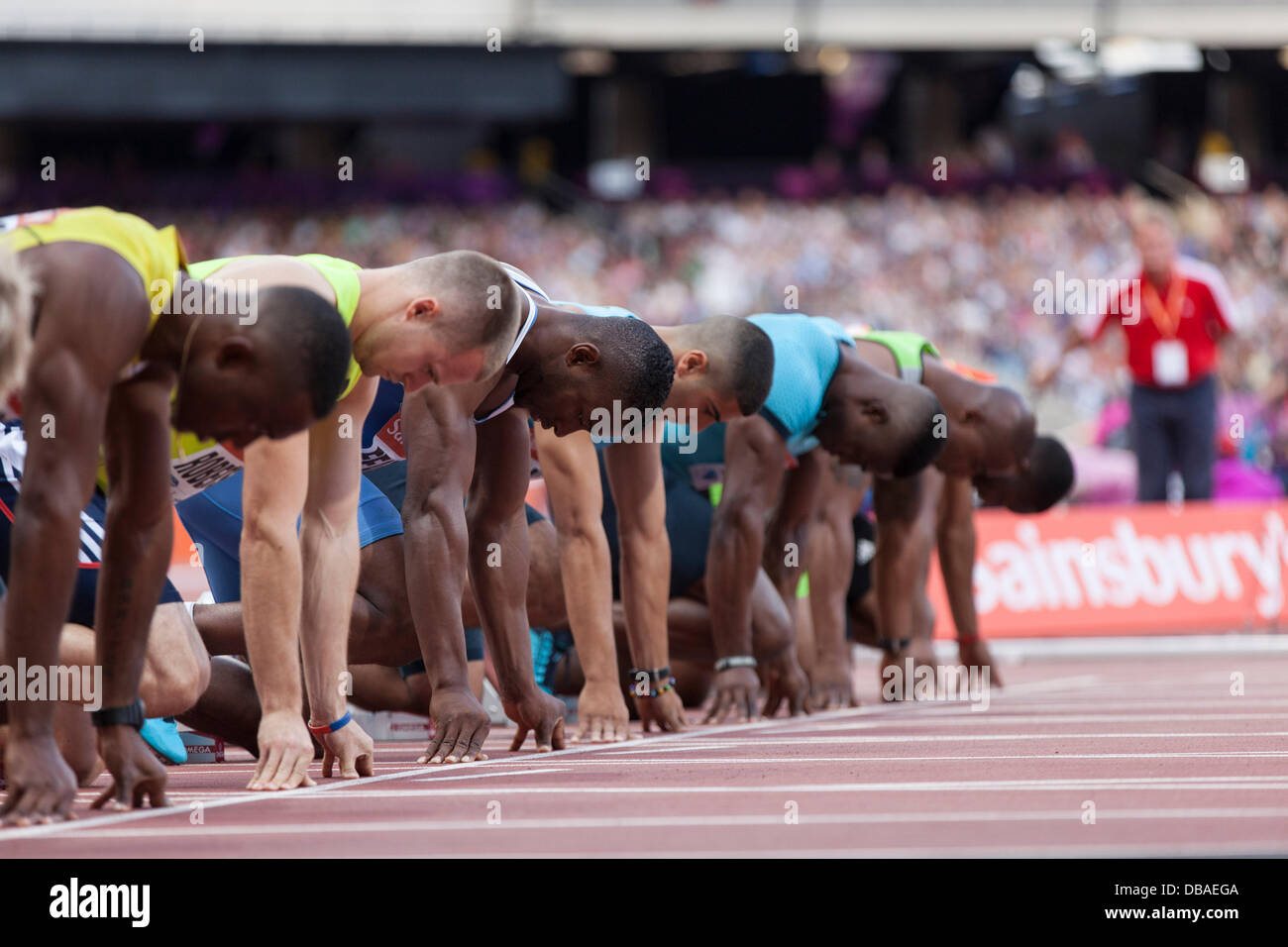 London, UK. 26th July, 100m mens B, starting line ready, Anniversary ...