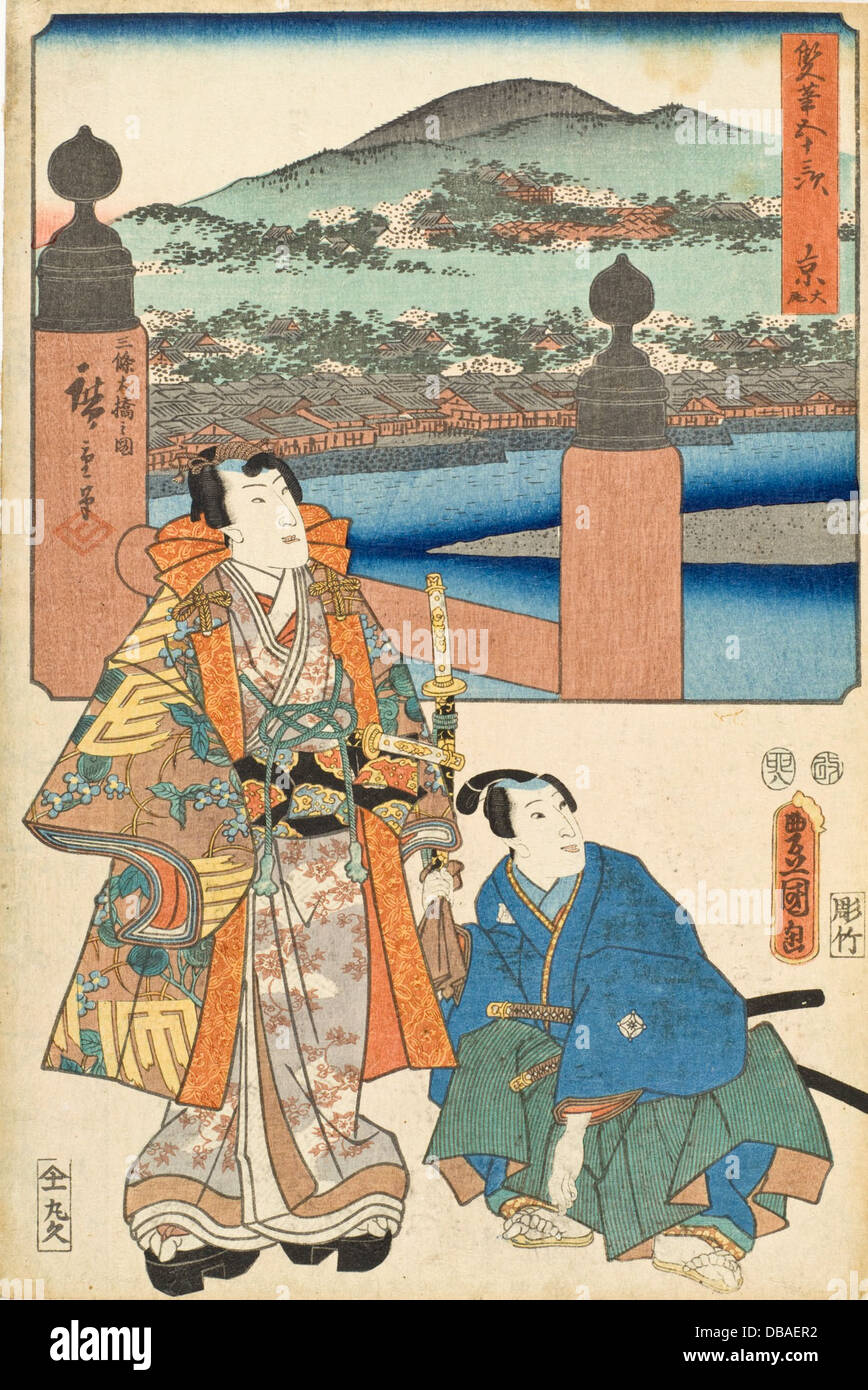 This depiction of the Sanjo Bridge in Kyoto captures the architectural ...