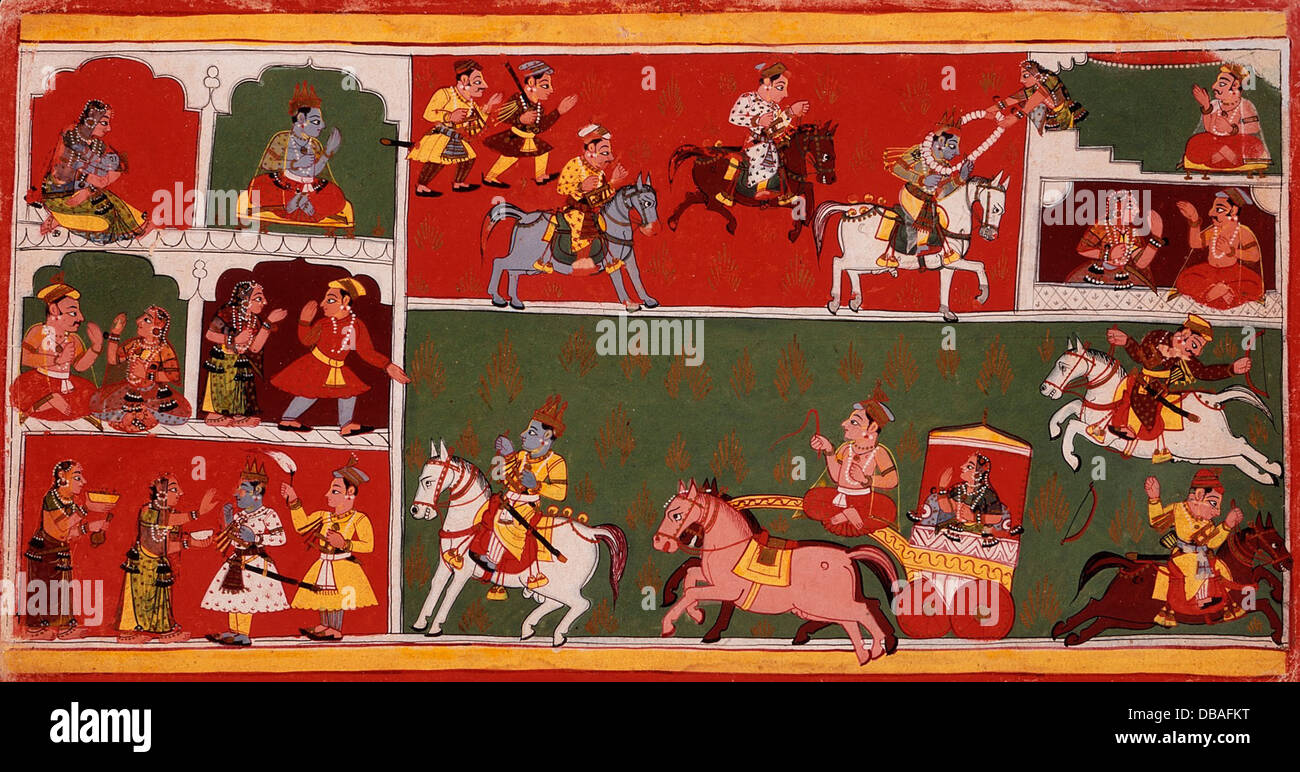 This folio from the Bhagavata Purana depicts scenes from the life of ...