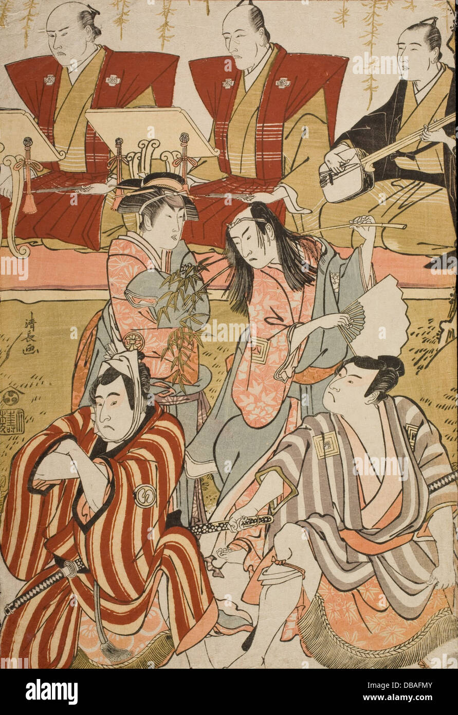This artwork illustrates a scene from a Kabuki play, a traditional ...