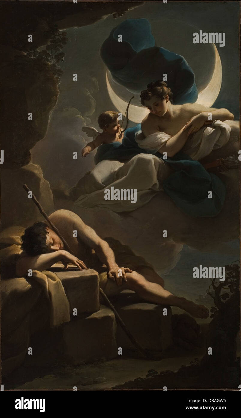 A classical depiction of the myth of Selene and Endymion, where the ...