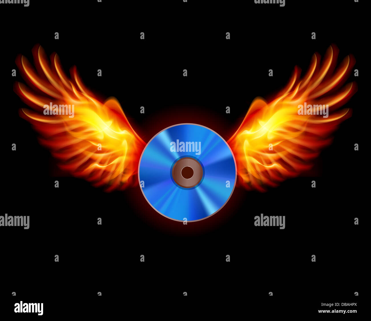 Laser disc-Fiery wings, a color illustration on a black background ...