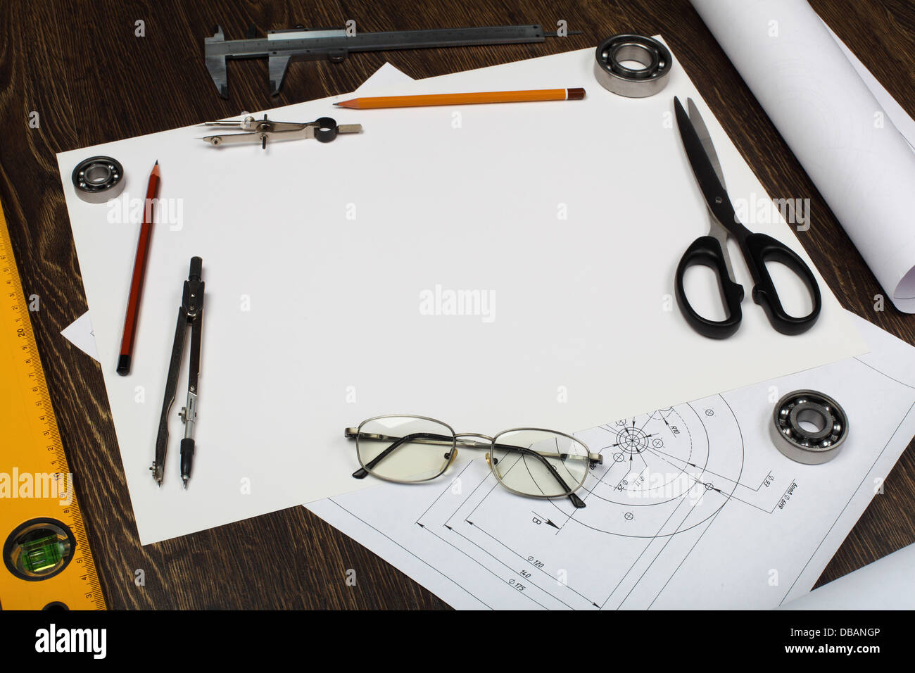 Tools and papers with sketches Stock Photo - Alamy