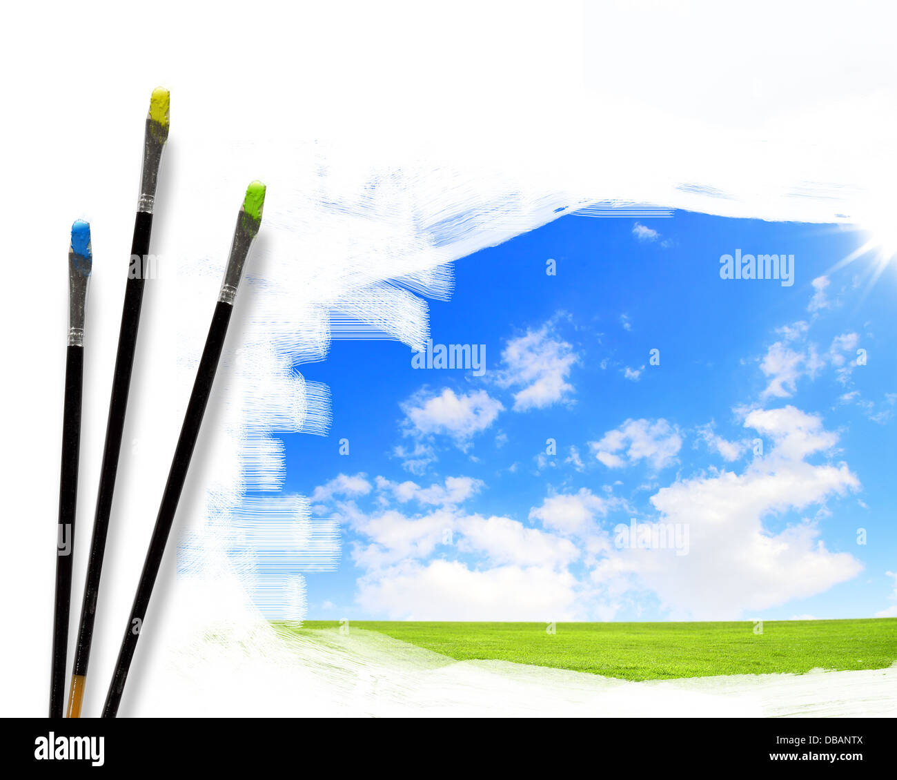 Paint brushes and landscape image Stock Photo - Alamy