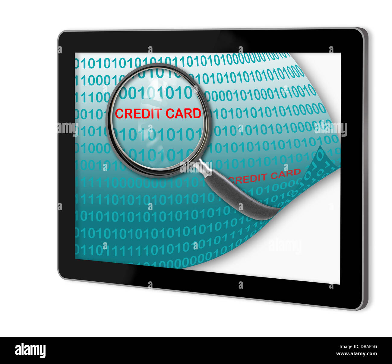 Close up of magnifying glass on CREDIT CARD on screen of tablet made in ...