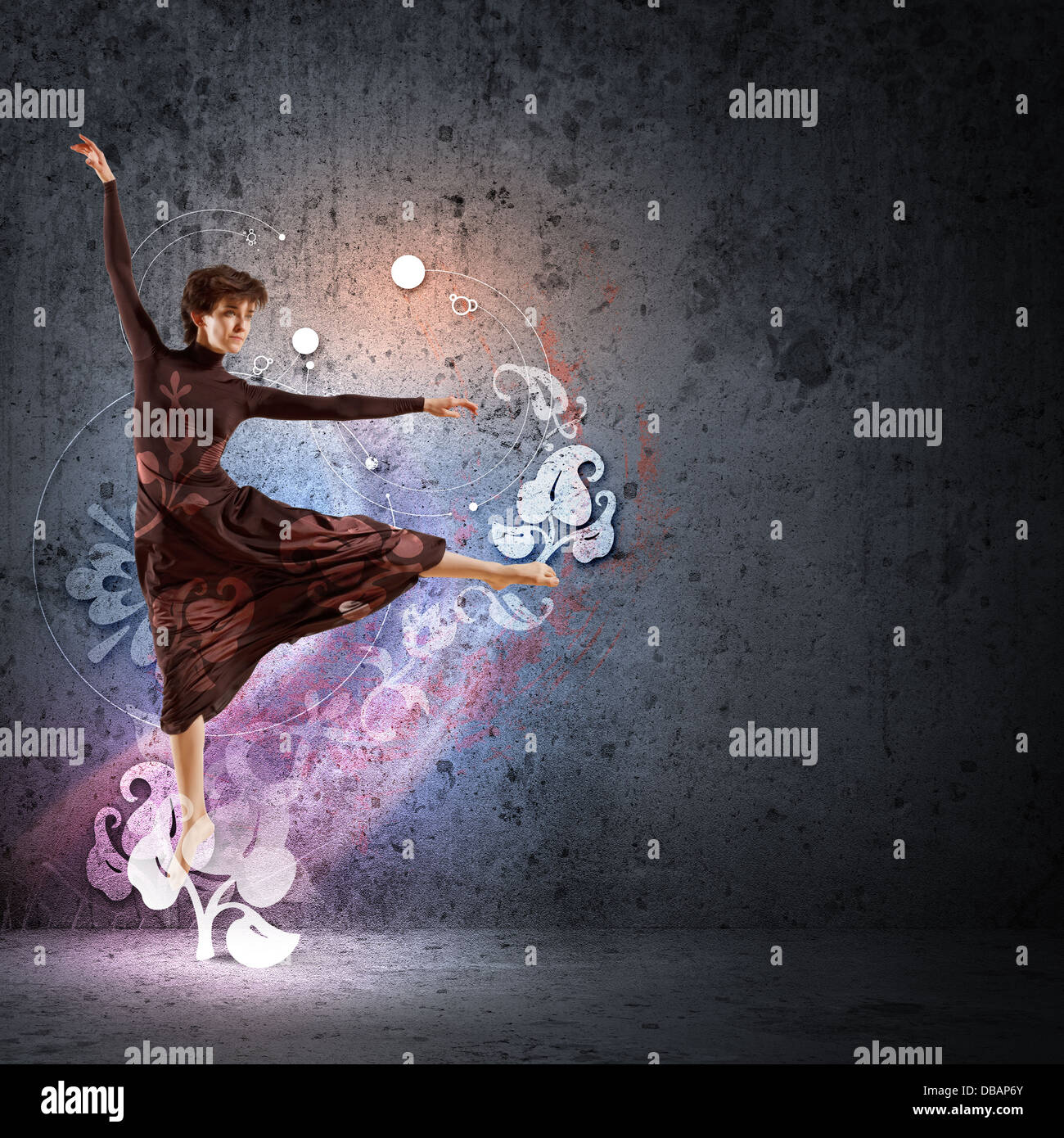 Girl in color dress dancing.Collage Stock Photo - Alamy