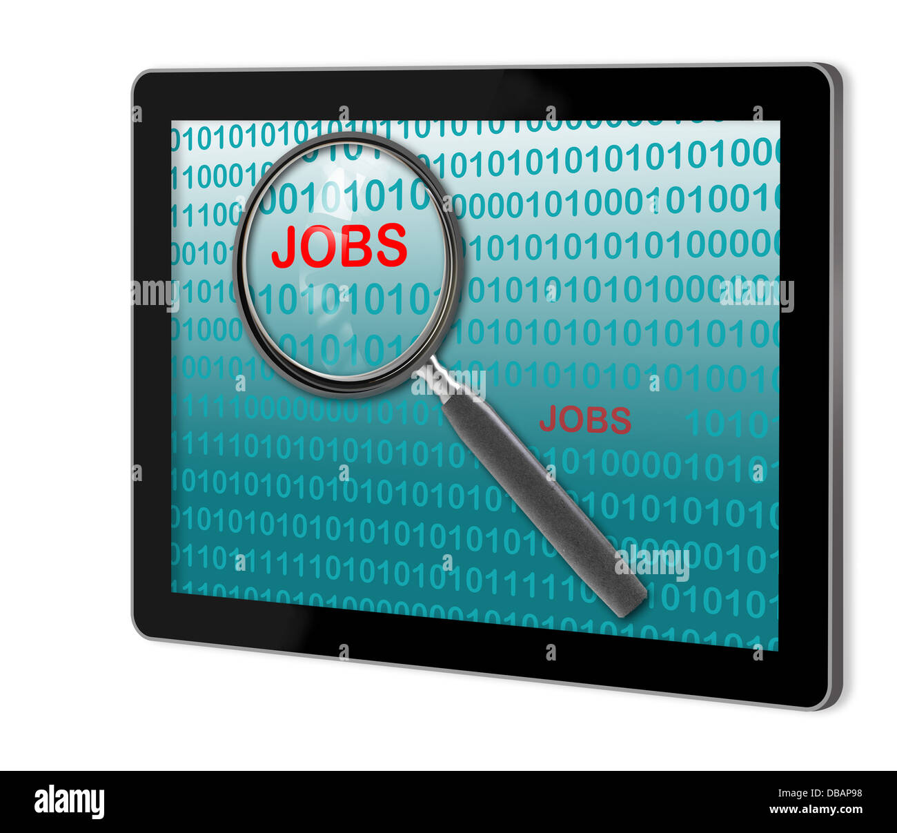 Close up of magnifying glass on jobs on screen of tablet made in 2d ...