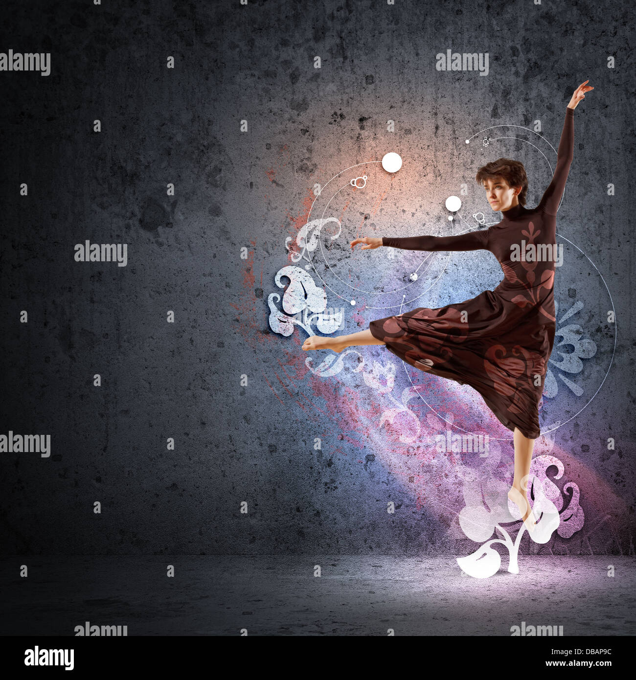 Girl in color dress dancing.Collage Stock Photo - Alamy