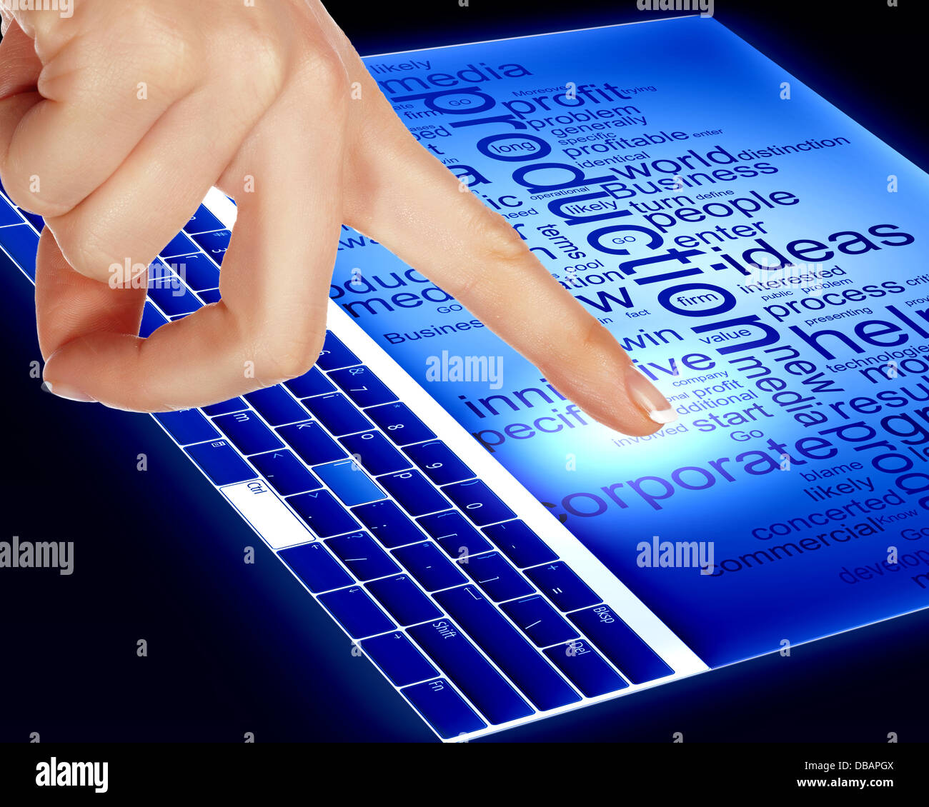 Finger touching a blue computer screen Stock Photo - Alamy
