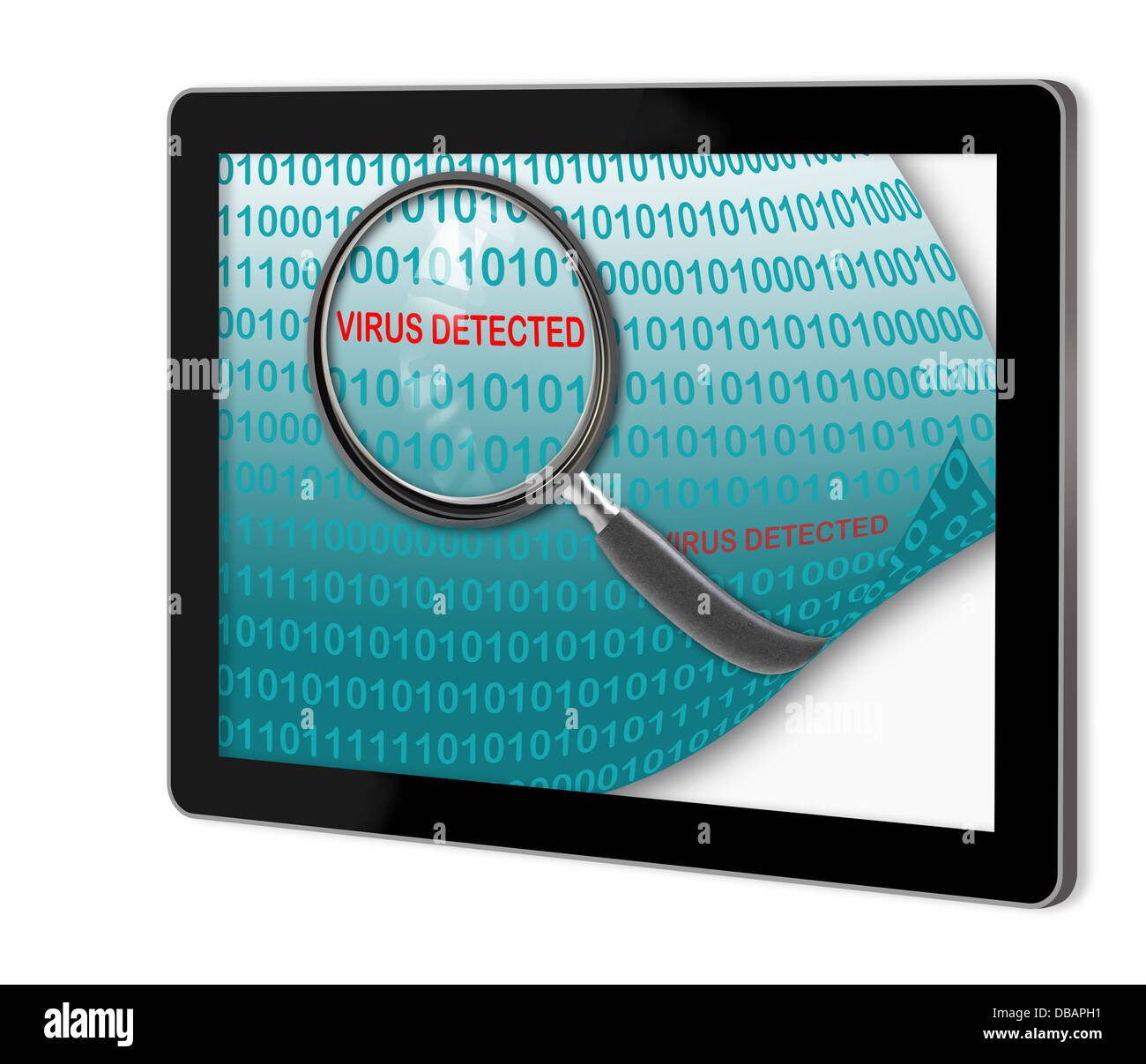 Close up of magnifying glass on virus detected on screen of tablet made ...