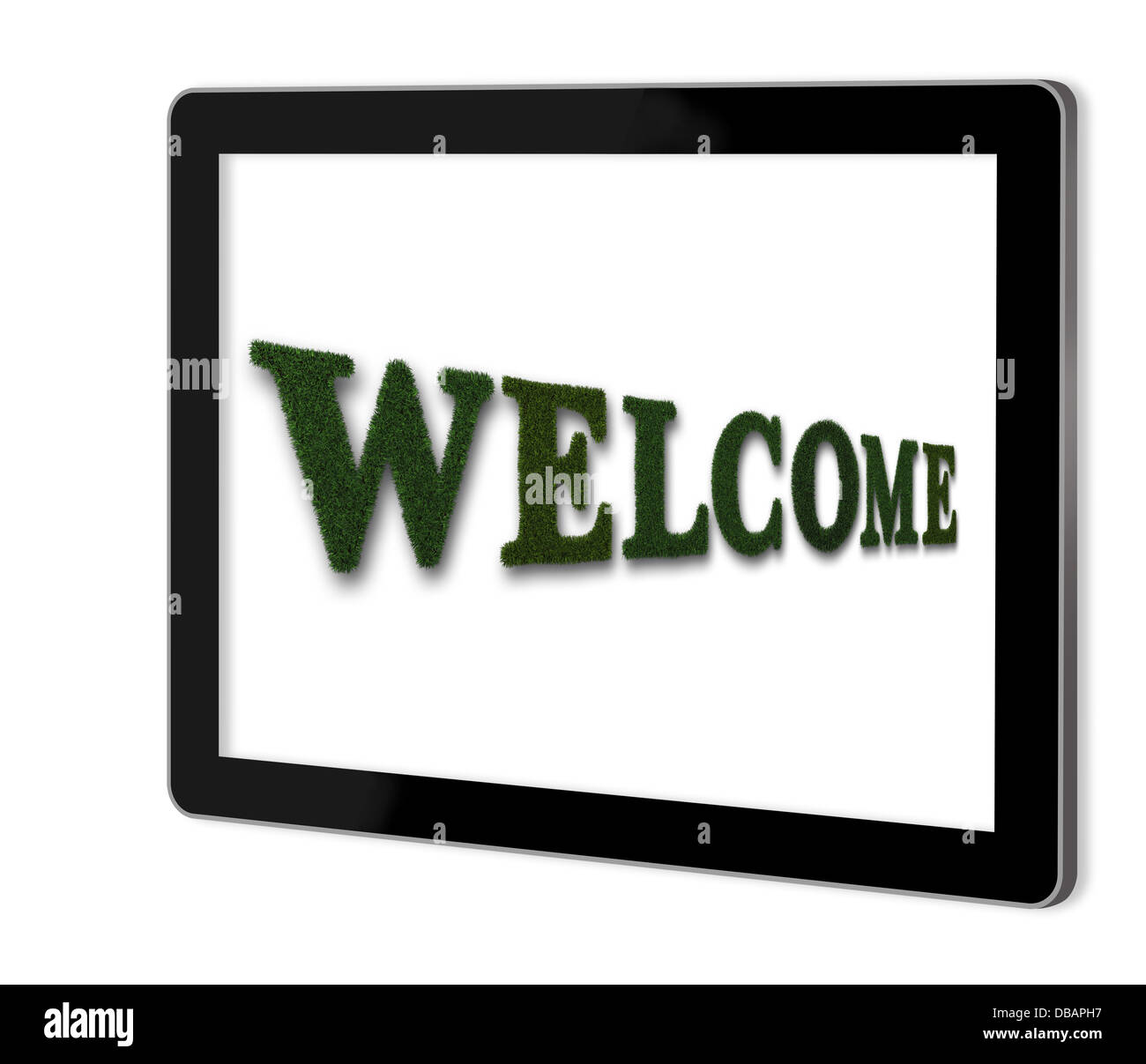 welcome made from grass on screen of tablet made in 2d software Stock ...