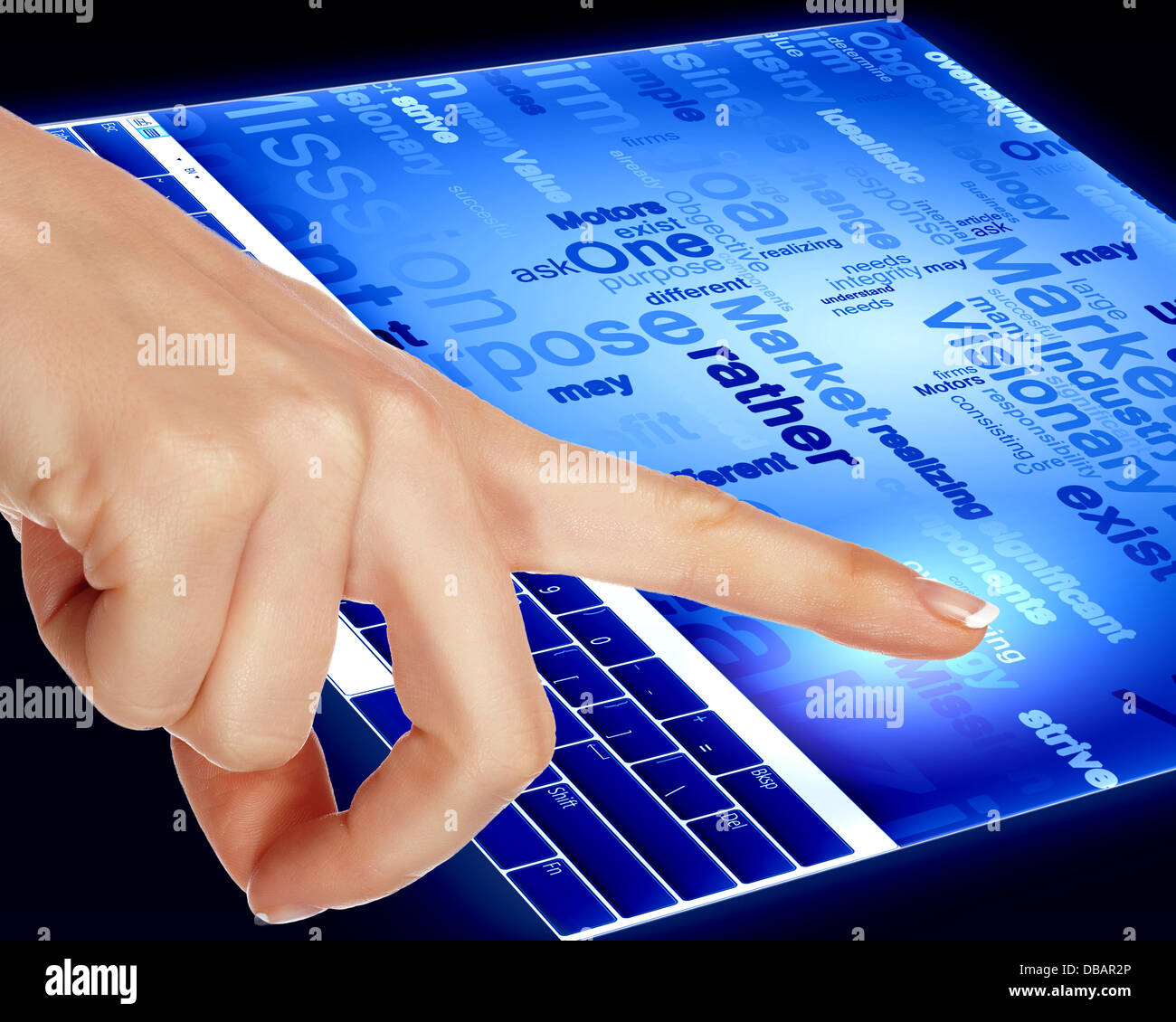 Finger touching a blue computer screen Stock Photo - Alamy