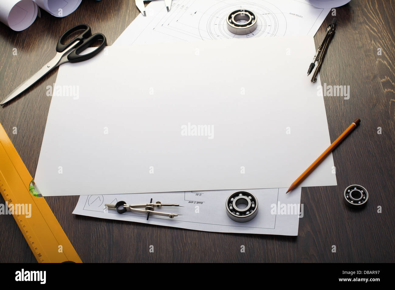 Tools and papers with sketches Stock Photo - Alamy