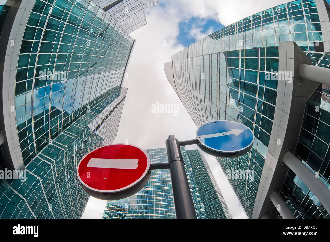 Road signs on the background of office buildings. Moscow City Stock ...