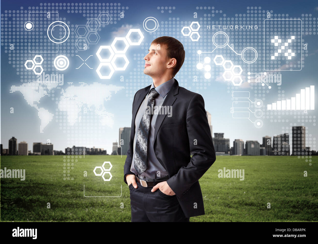 Business person with digital symbols Stock Photo - Alamy