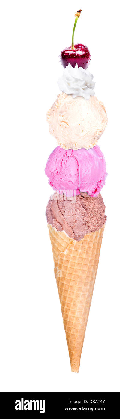 Three scoops of ice creams with cone and cherry on a top isolated ... Three scoops of ice creams with cone and cherry on a top isolated ...