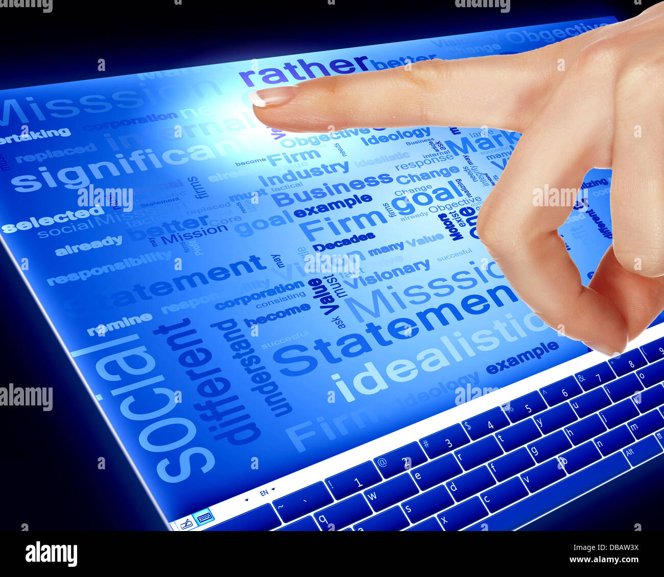 Finger touching a blue computer screen Stock Photo - Alamy