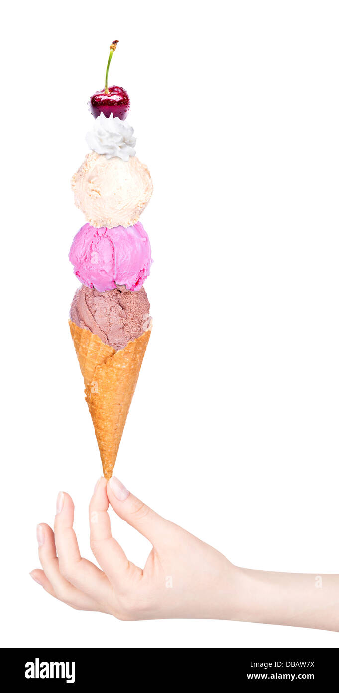Three scoops of ice creams with cone and cherry on a top isolated ... Three scoops of ice creams with cone and cherry on a top isolated ...