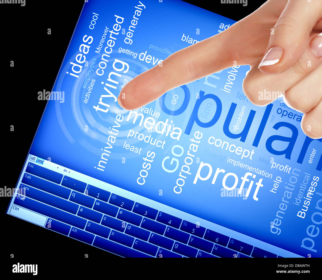 Finger touching a blue computer screen Stock Photo - Alamy