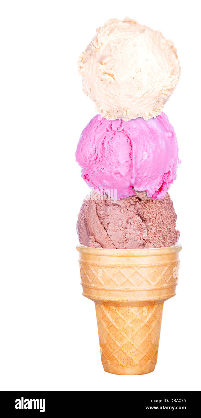 Three scoops of ice creams with cone on white background Stock Photo ...
