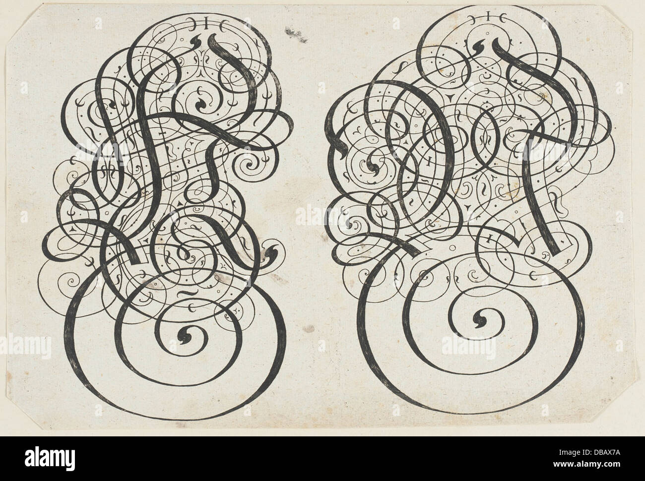 This sheet of calligraphic drawings features intricate script and ...
