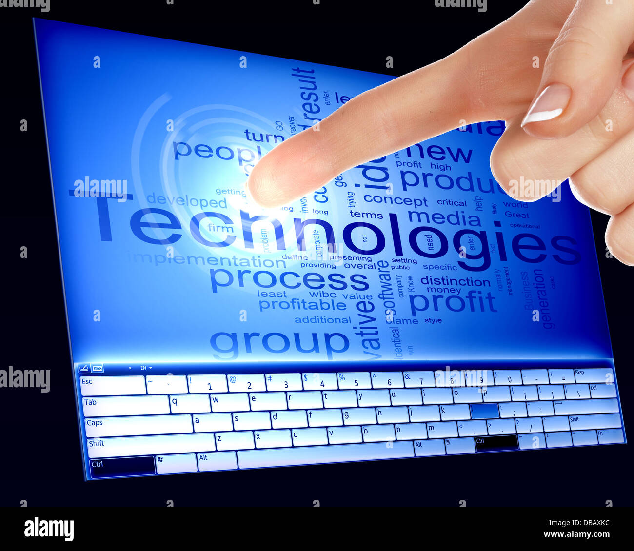 Finger touching a blue computer screen Stock Photo - Alamy