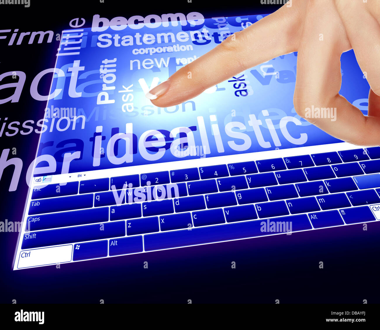 Finger touching a blue computer screen Stock Photo - Alamy