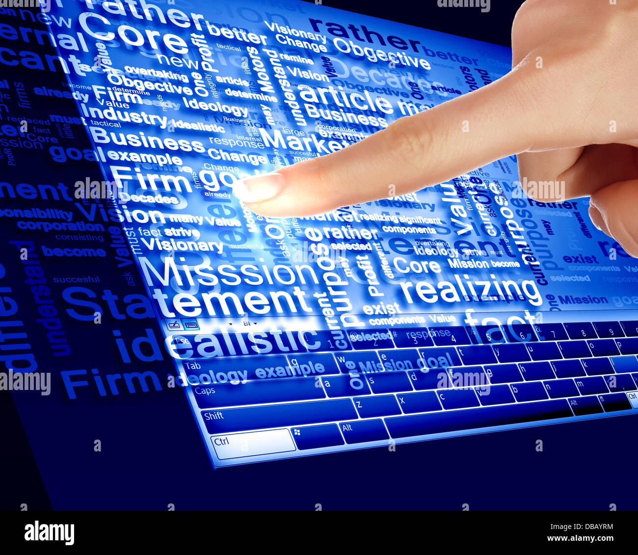 Finger touching a blue computer screen Stock Photo - Alamy