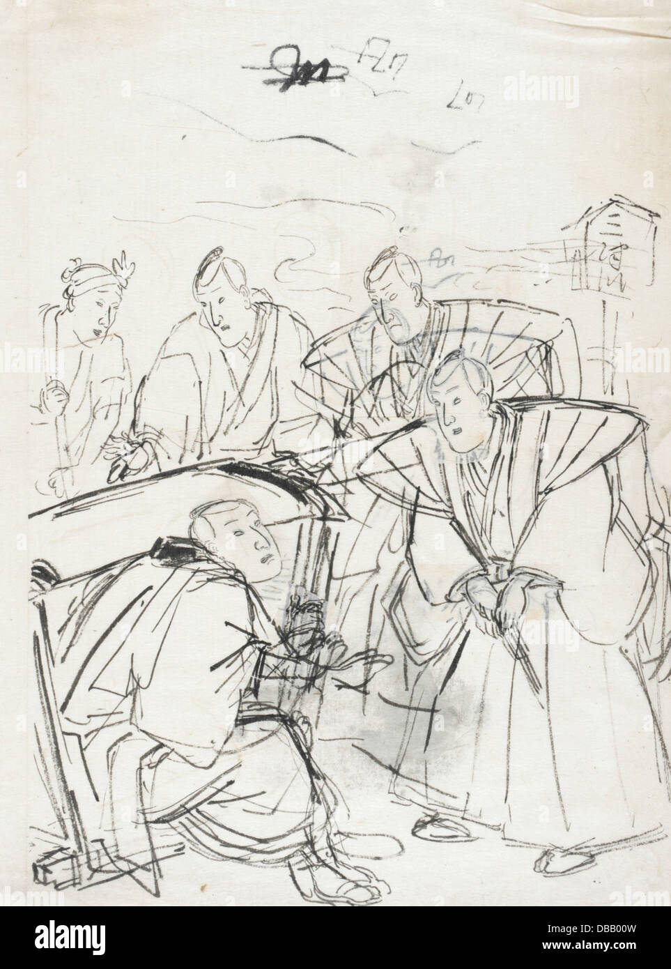 A sketch illustrating a scene from a Kabuki play, a traditional form of ...
