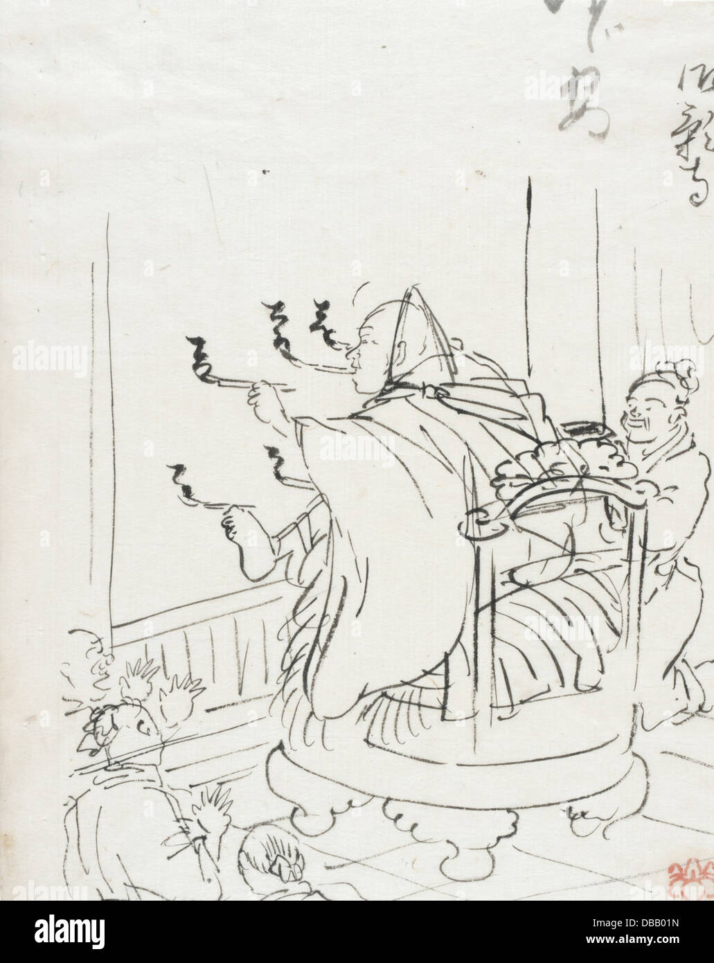 This ink sketch depicts Kukai, a renowned Japanese monk, performing a ...