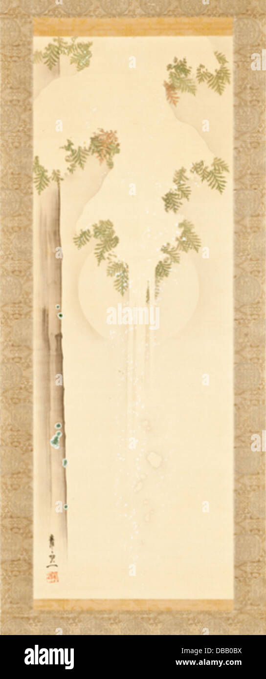 This artwork shows a snowy scene with a full moon over a cypress tree ...