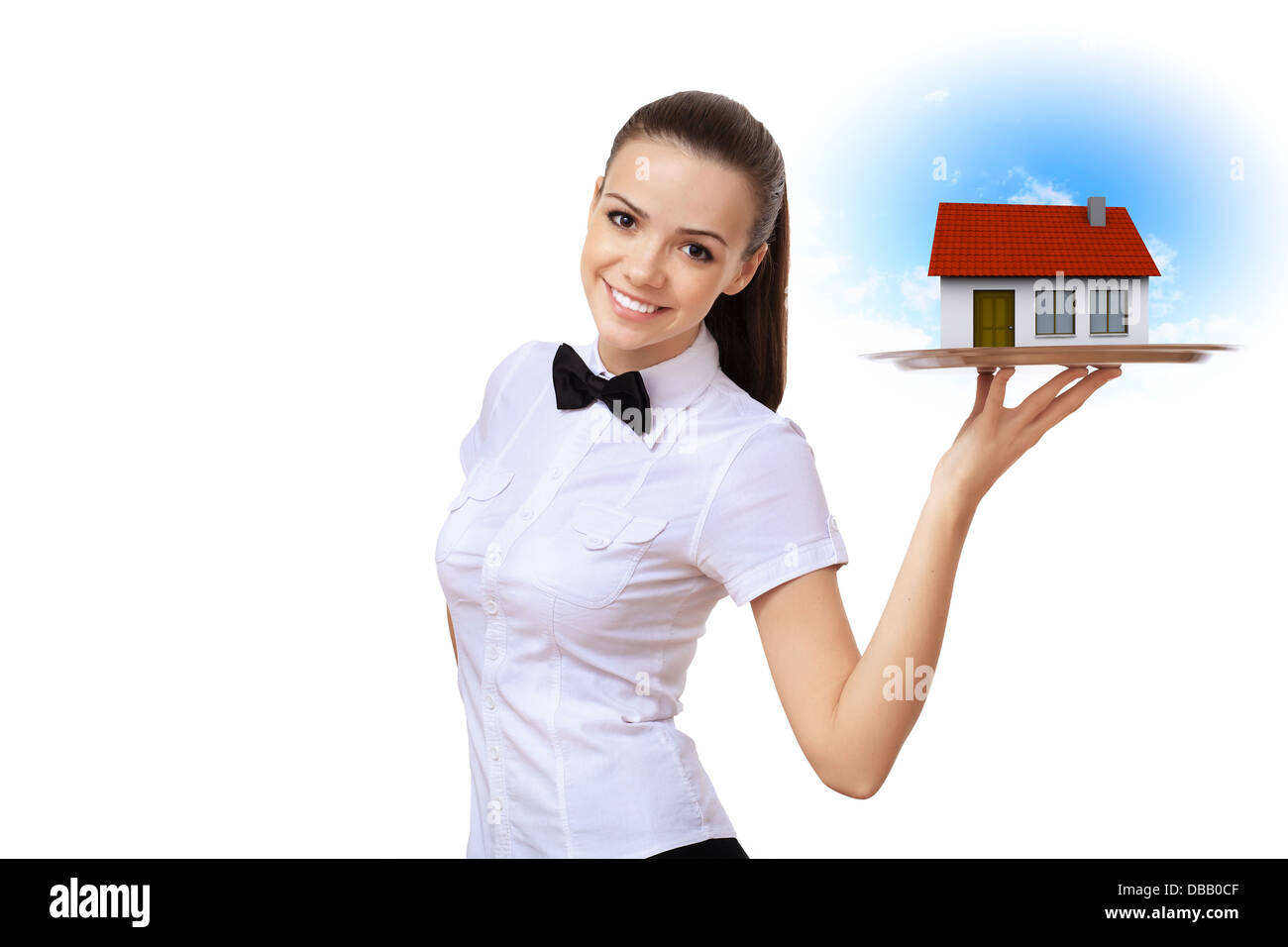 Waitress holding a tray with a house on it Stock Photo - Alamy