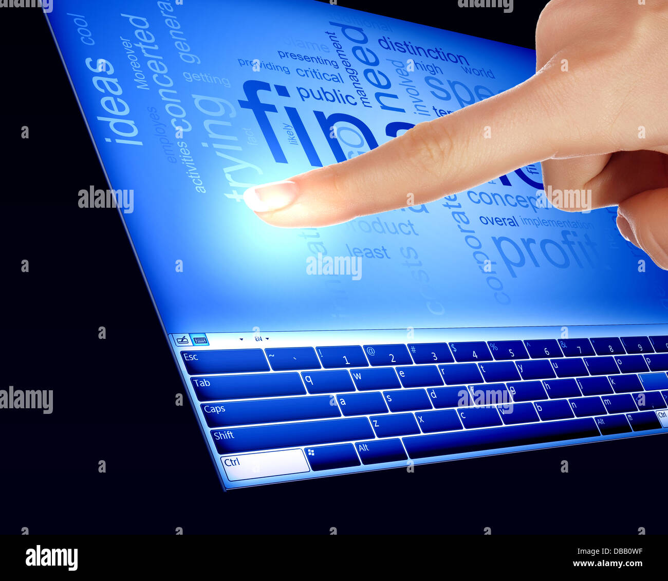 Finger touching a blue computer screen Stock Photo - Alamy