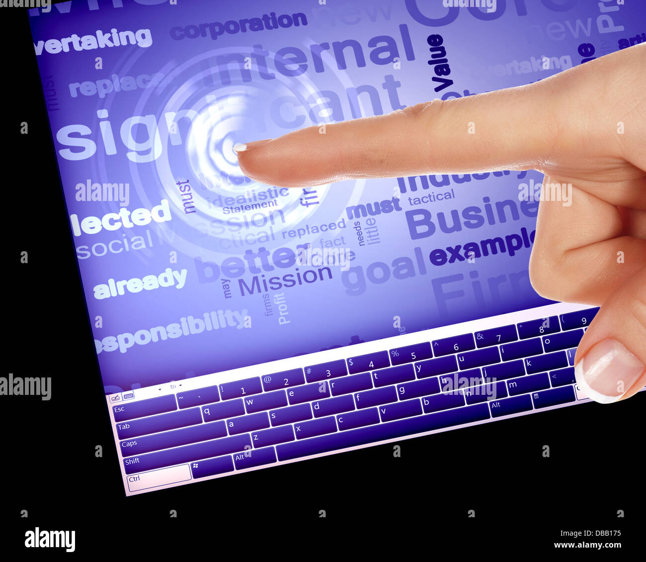 Finger touching a blue computer screen Stock Photo - Alamy