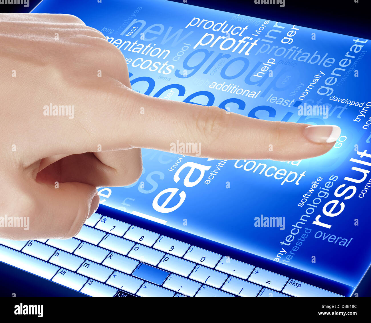 Finger touching a blue computer screen Stock Photo - Alamy