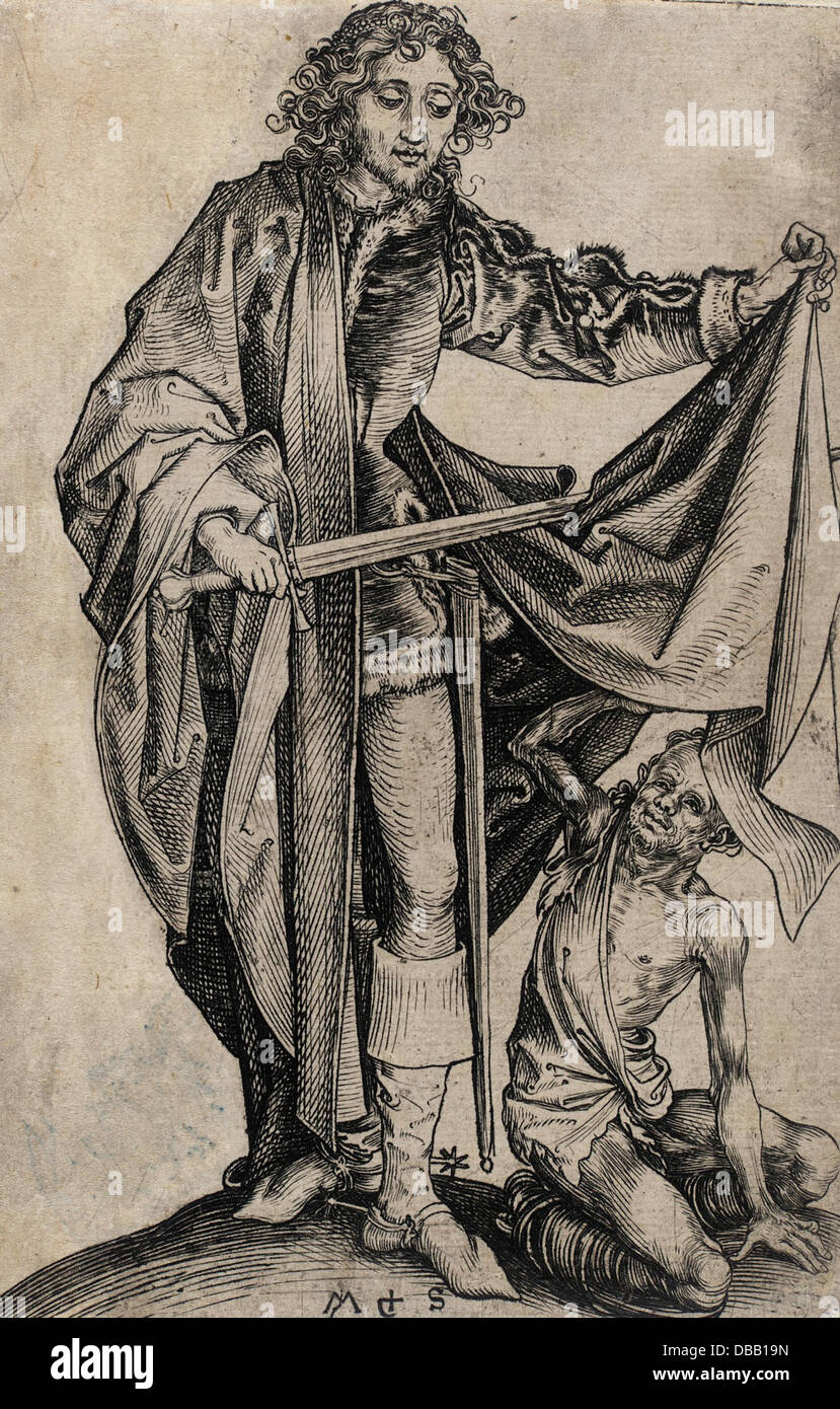 This sculpture depicts St. Martin of Tours dividing his cloak to share ...