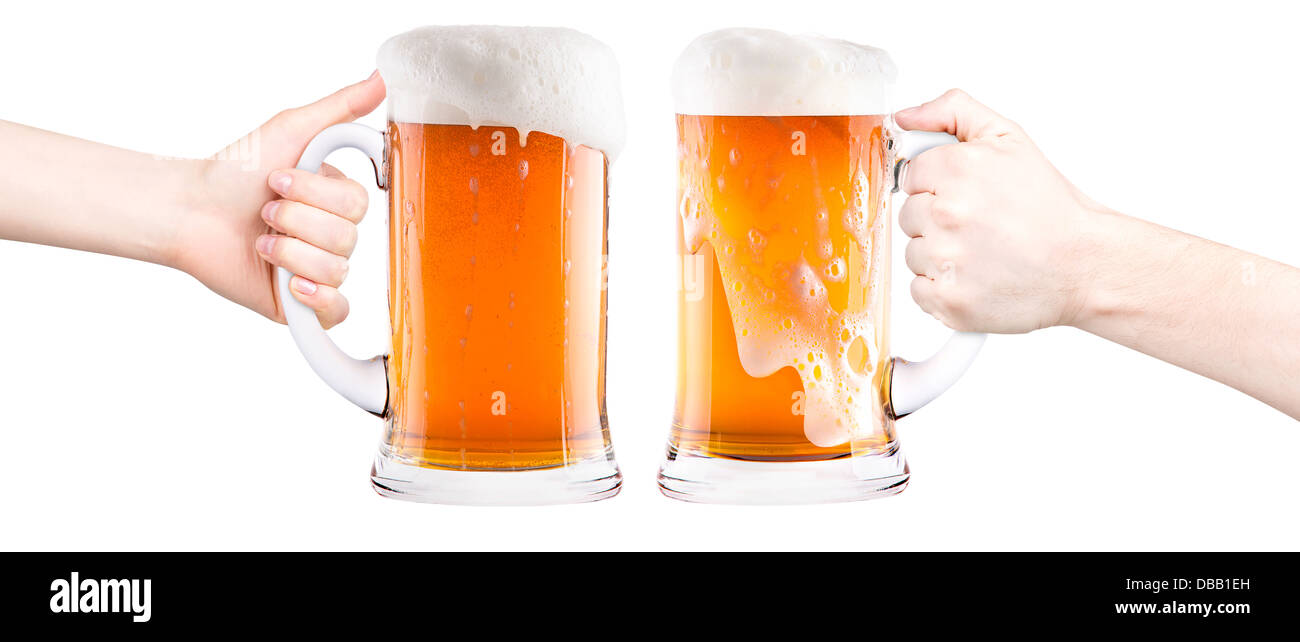 beer with man and woman hand making toast isolated on a white ...