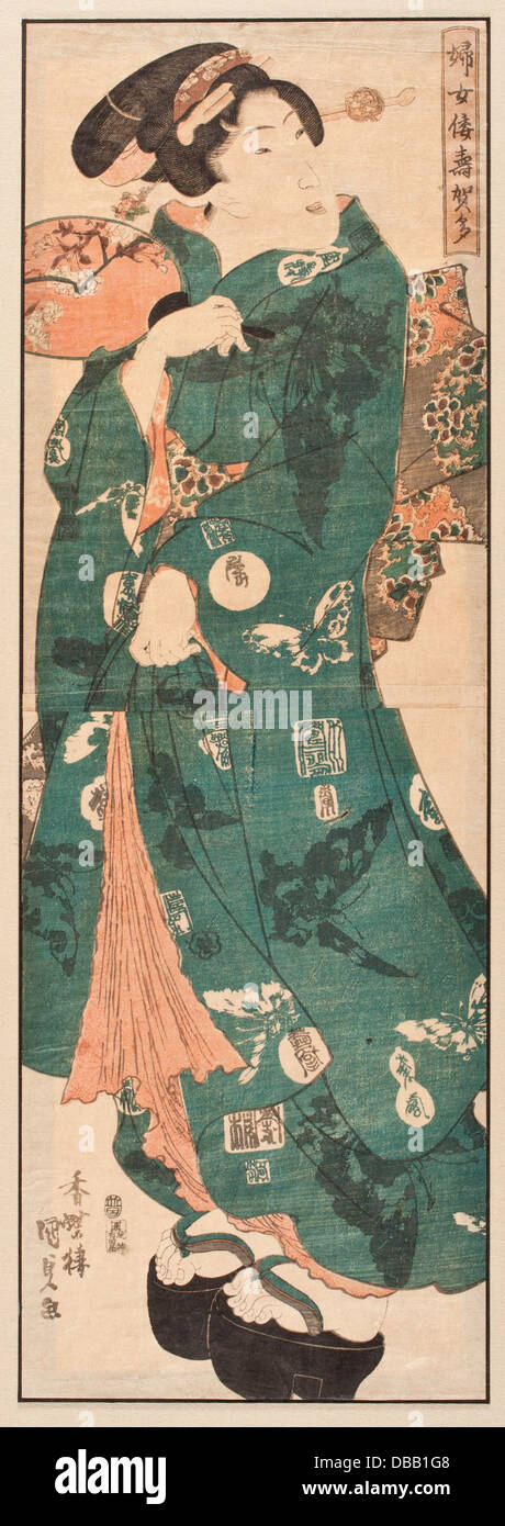 This artwork depicts a standing courtesan, a figure often portrayed in ...