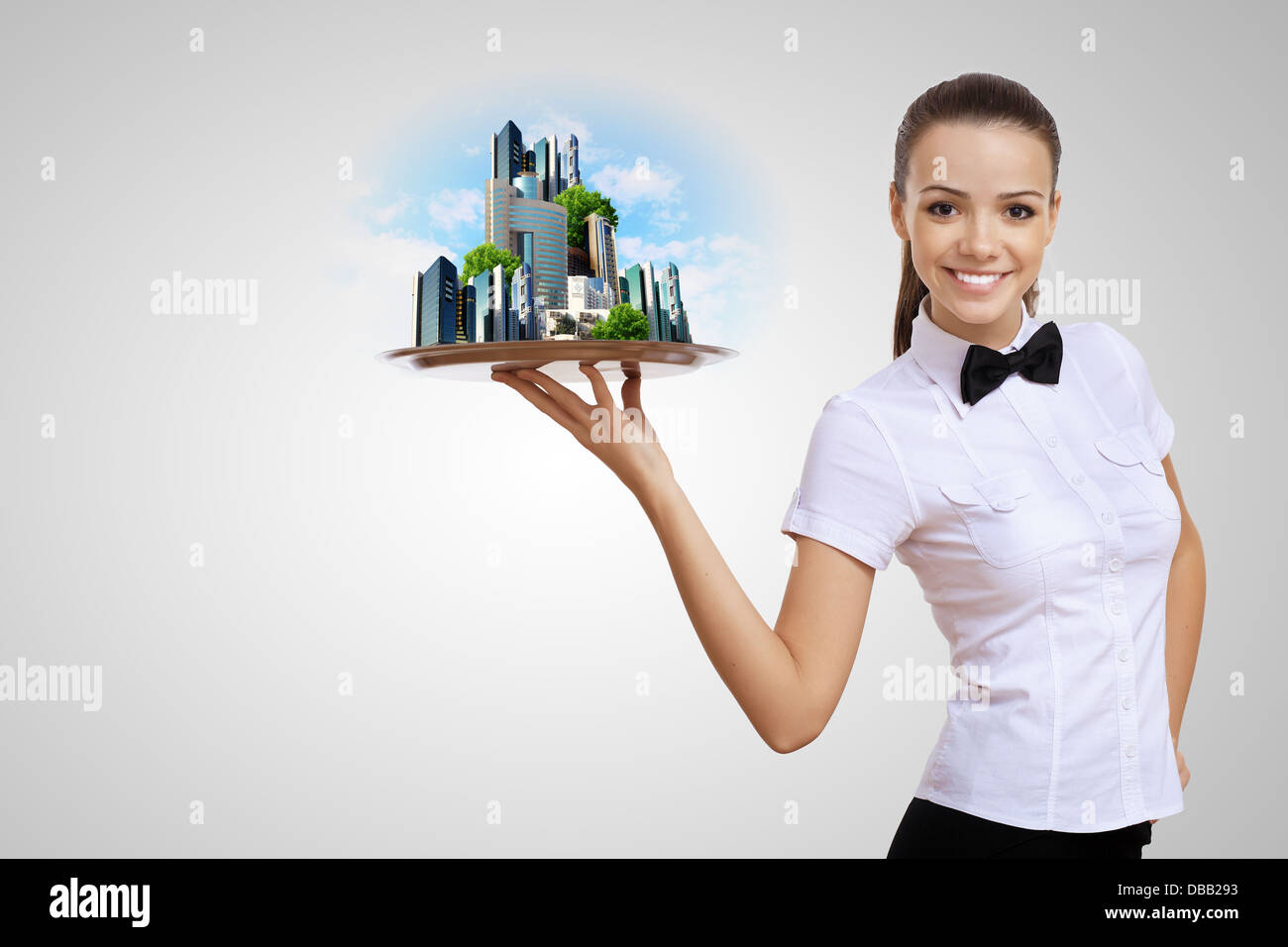 Waitress with a tray with green symbol on it Stock Photo - Alamy