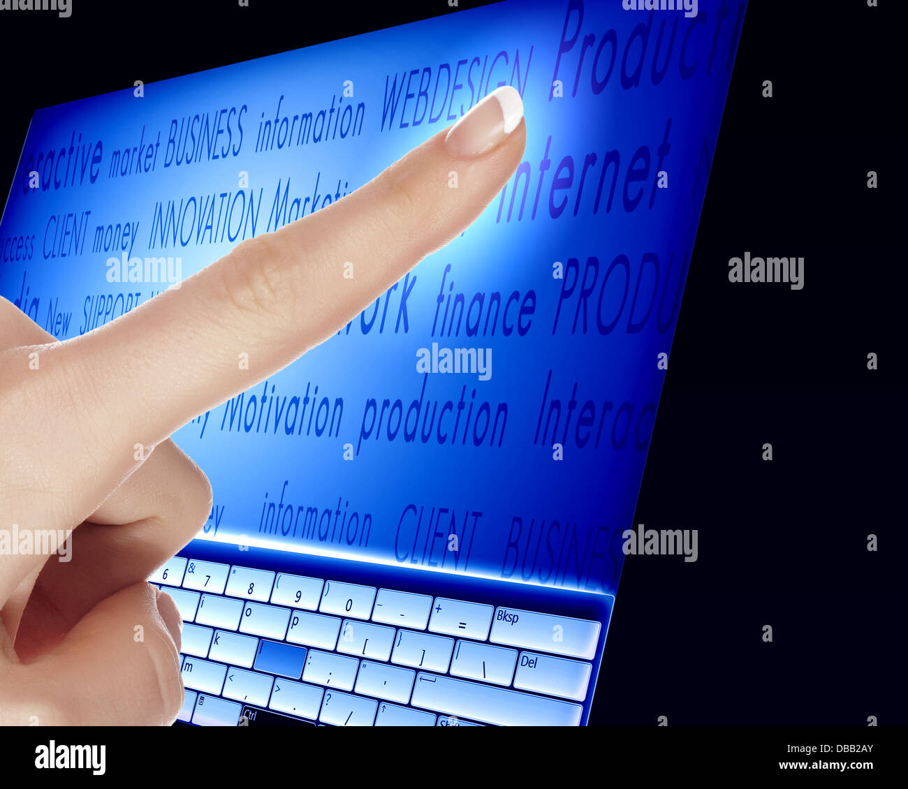 Finger touching a blue computer screen Stock Photo - Alamy