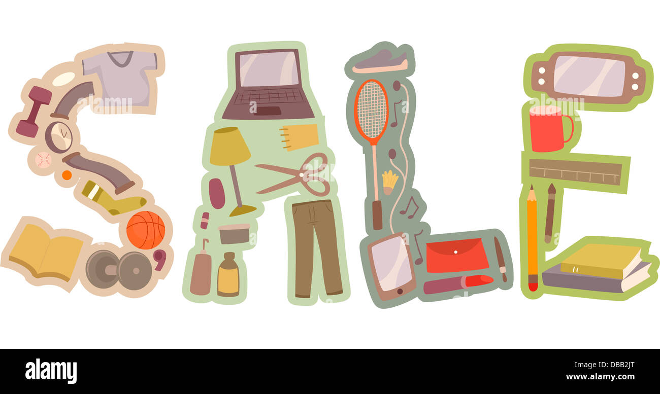 Illustration of Vintage Sale Text Design featuring Items for Sale Stock ...