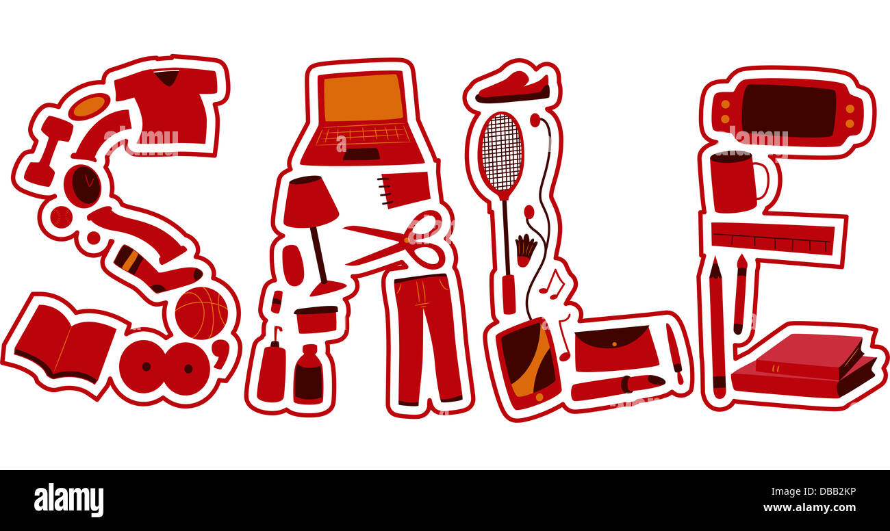 Illustration of Red and Black Sale Text Design featuring Items for Sale ...
