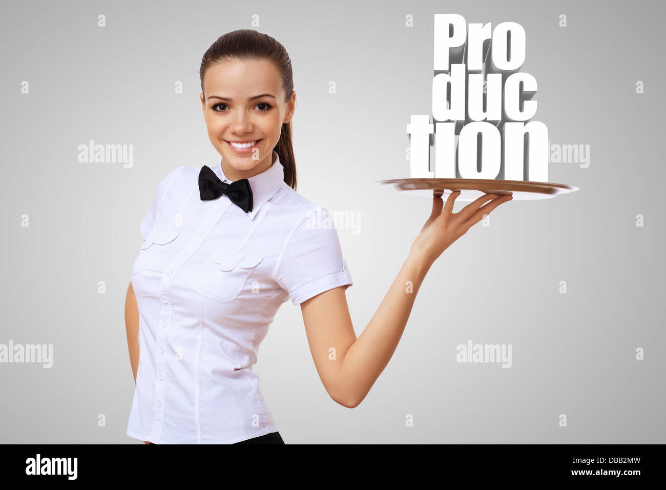 Waitress holding a tray with word Stock Photo - Alamy