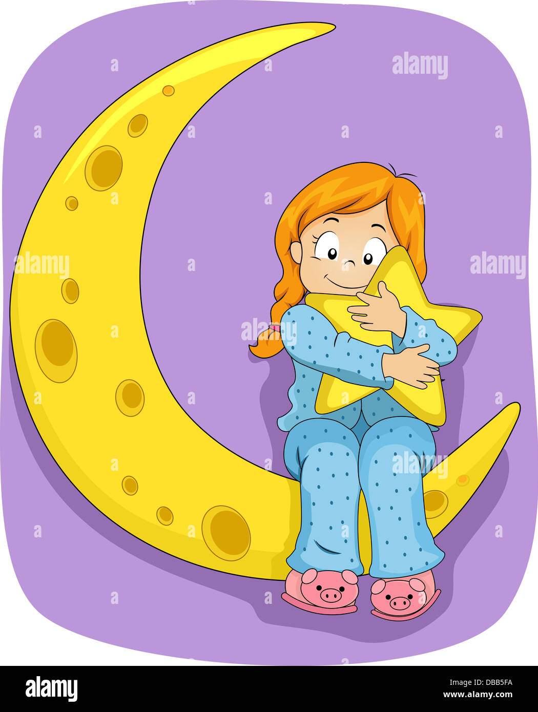 Illustration of Little Kid Girl on Pajamas sitting on the Moon while ...