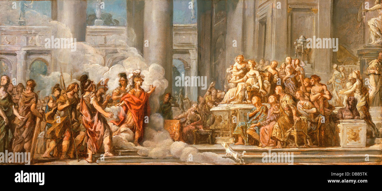 This painting illustrates the mythological scene of Aeneas' arrival in ...
