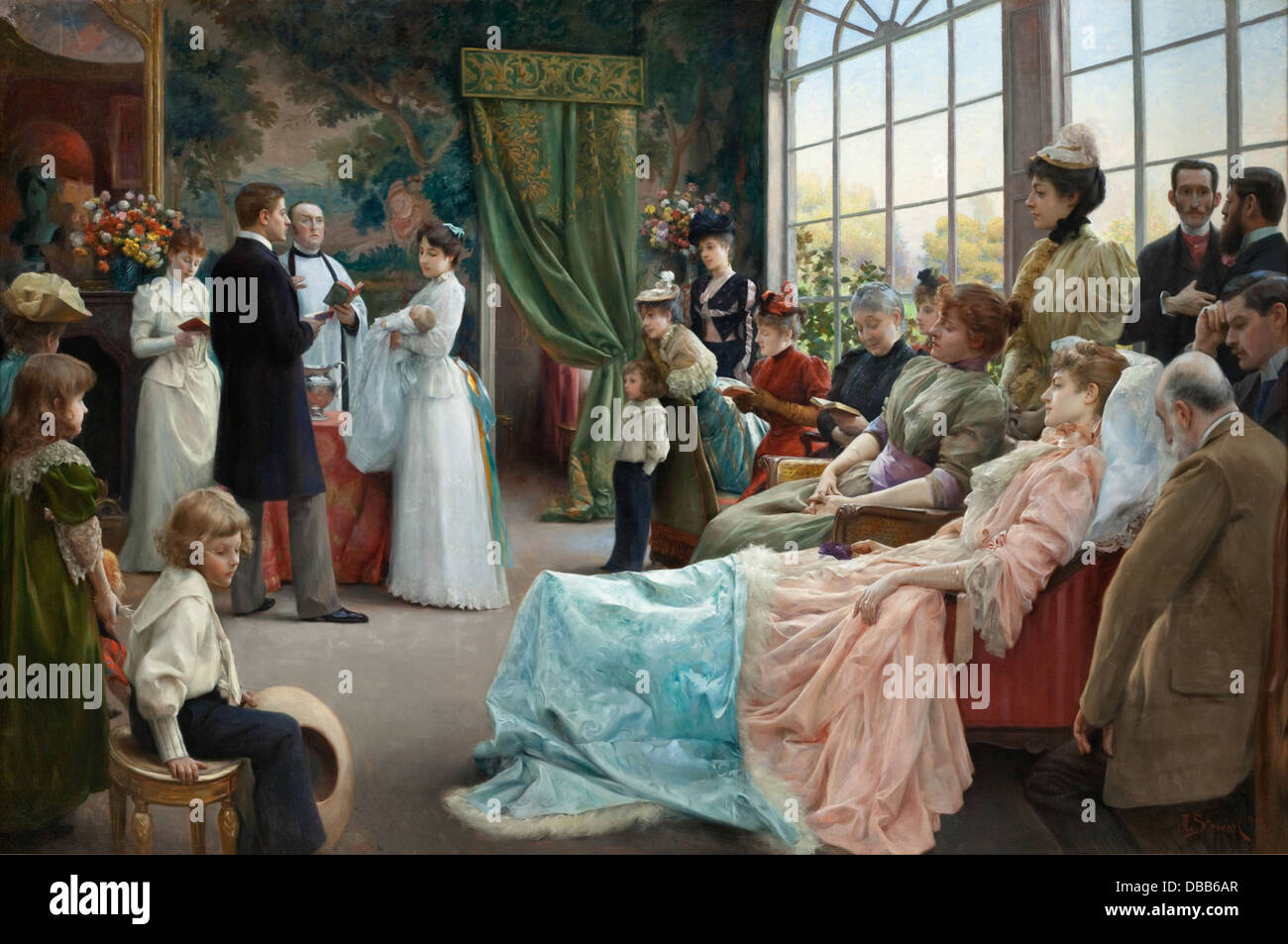 This painting depicts the religious ceremony of baptism, capturing the ...