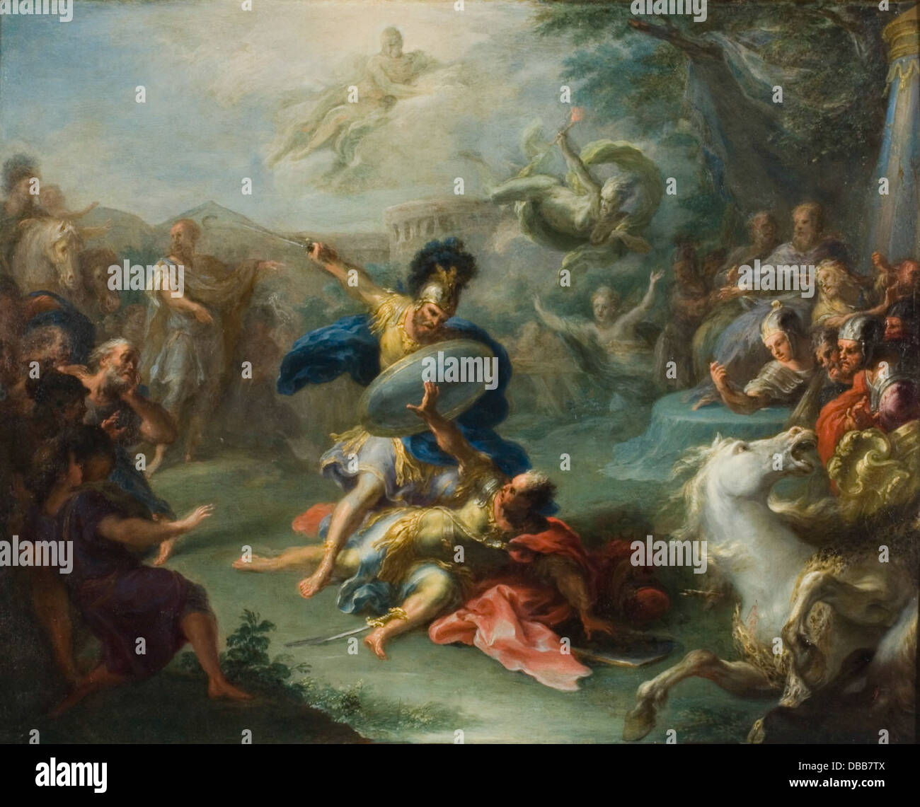 This print illustrates the epic battle between Aeneas and King Turnus ...