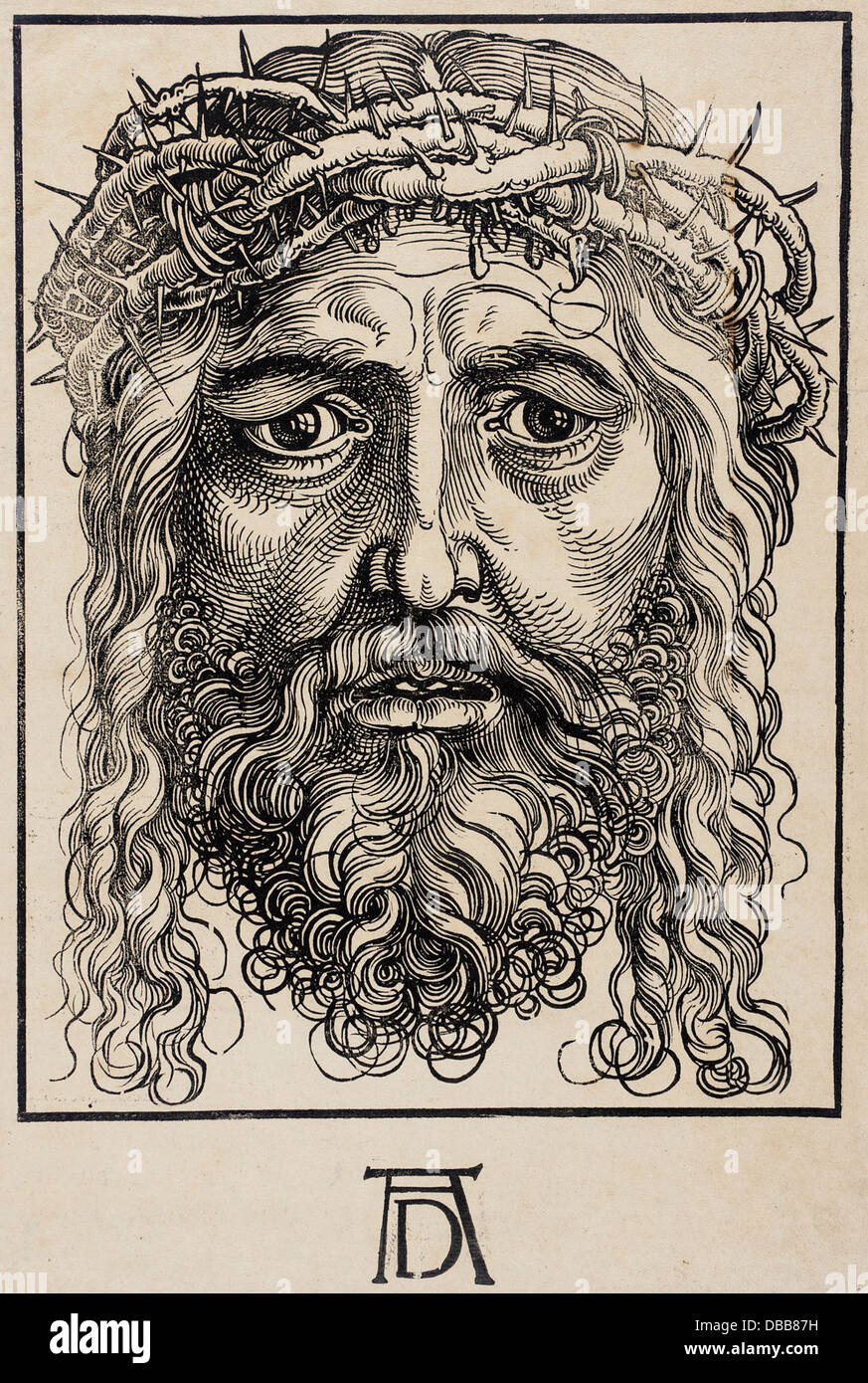 This religious artwork depicts the head of Christ crowned with thorns ...